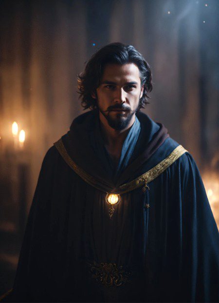 Dark medium hair, french goatee, wizard robes, creating magic, white ...